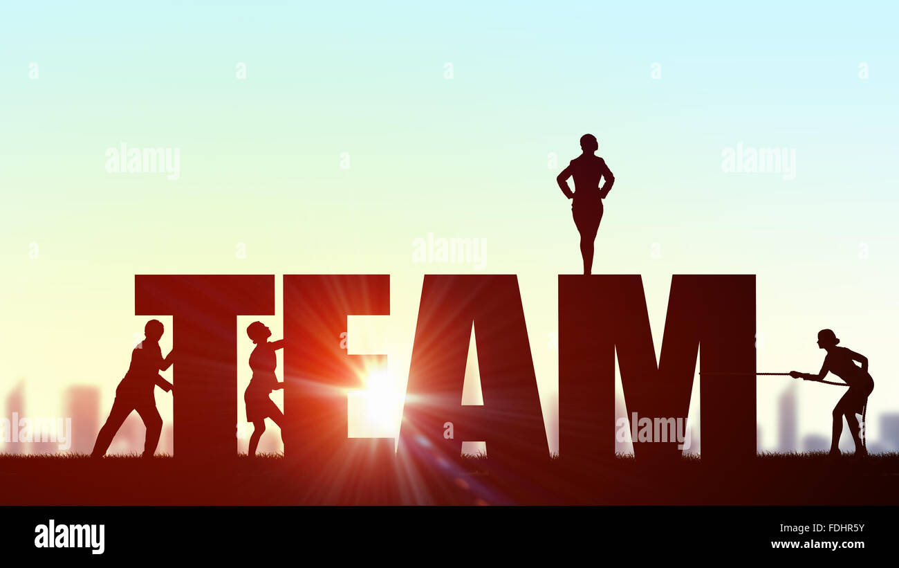 Business people pulling word team representing collaboration concept ...