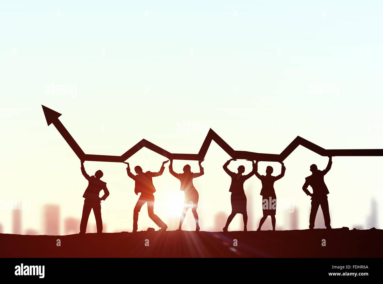 Business people lifting rising arrow representing collaboration concept ...