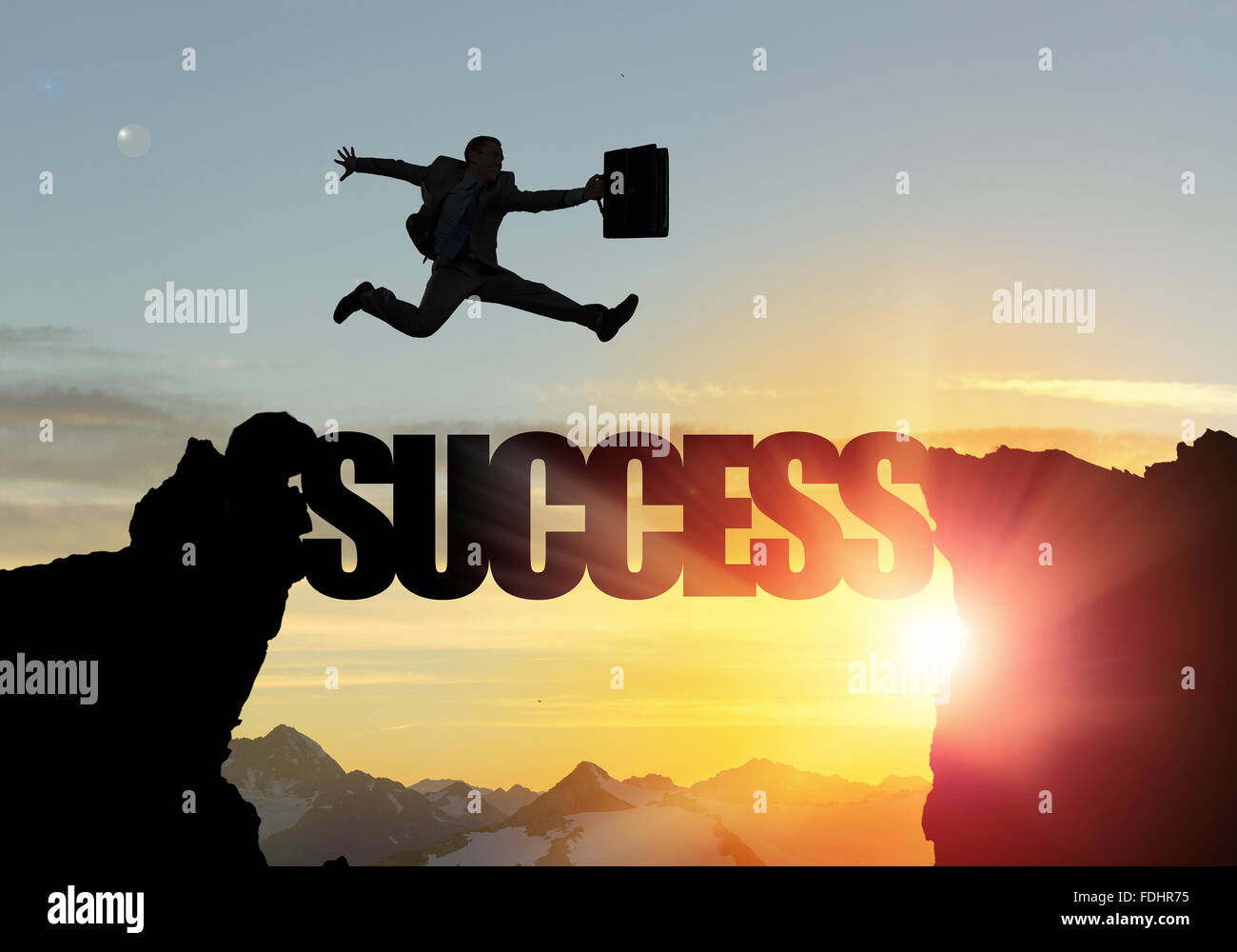 Businessman running on success word bridge over precipice Stock Photo ...