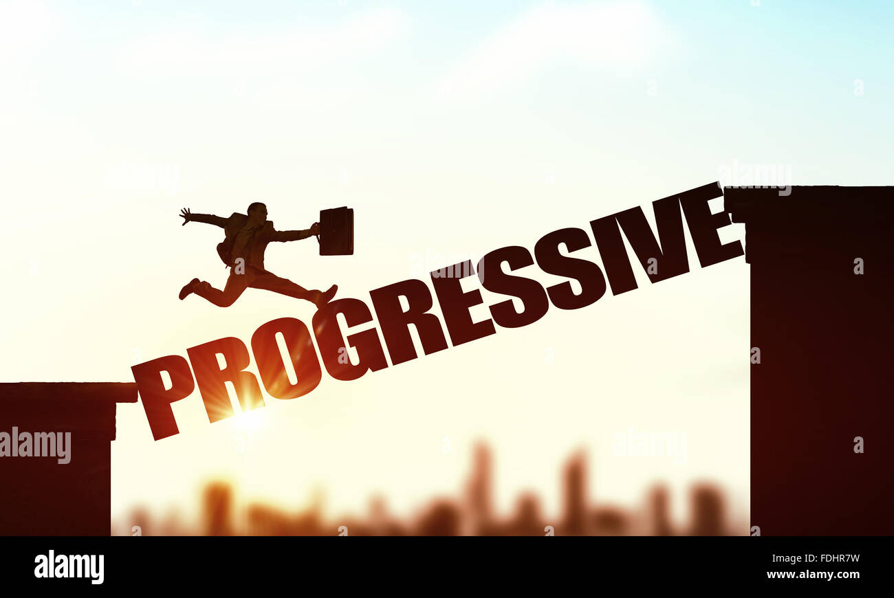 Businessman running on progressive word bridge over precipice Stock ...