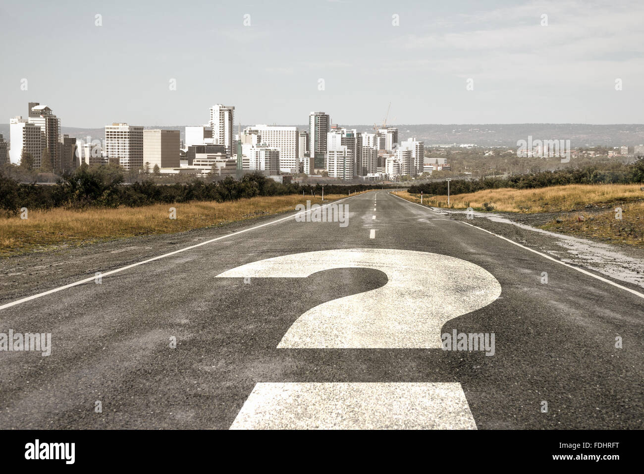 Cityscape and question mark drawn on asphalt road Stock Photo - Alamy