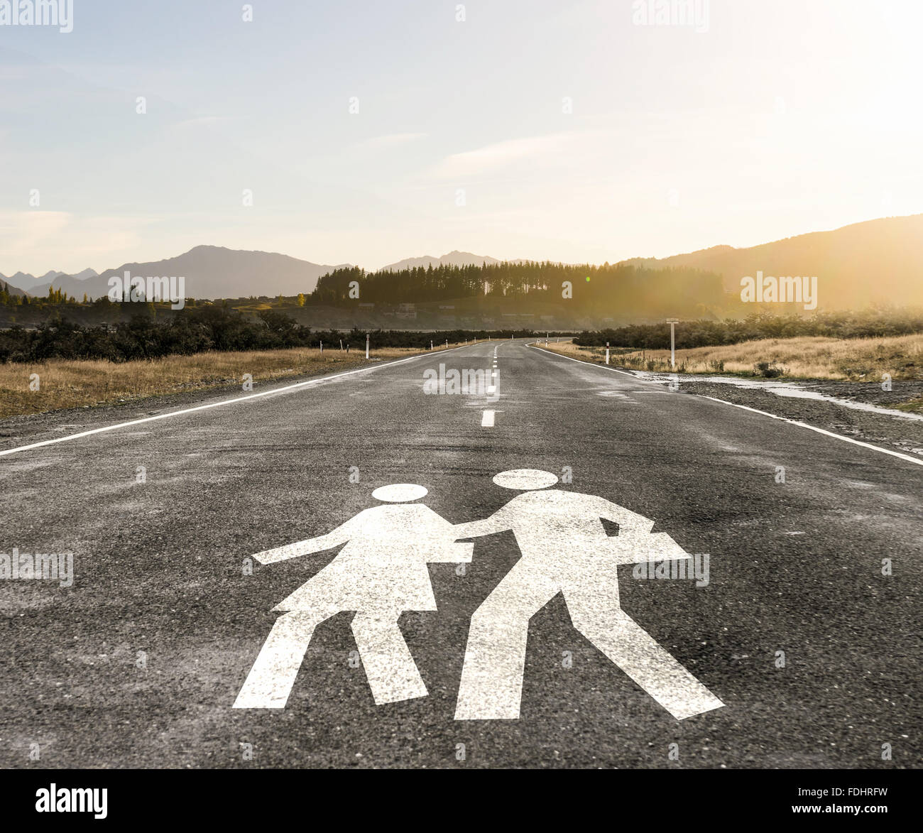 Natural lanscape and asphalt road with people figures Stock Photo - Alamy