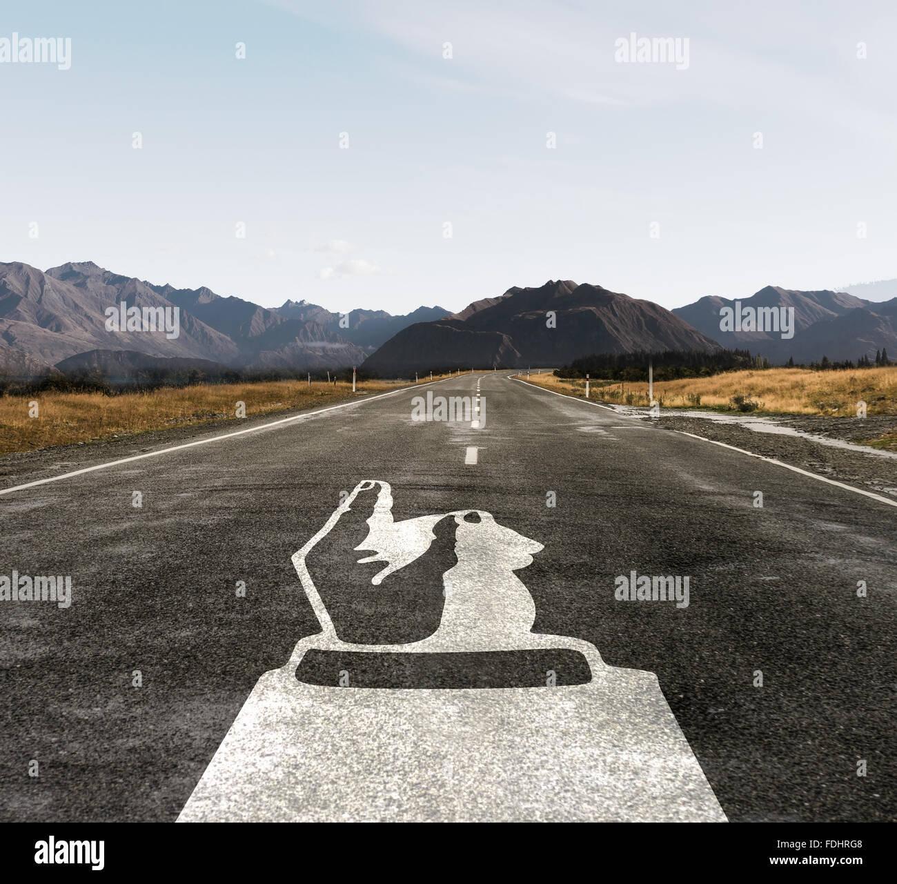 Natural landscape and asphalt road with drawn hand showing direction ...