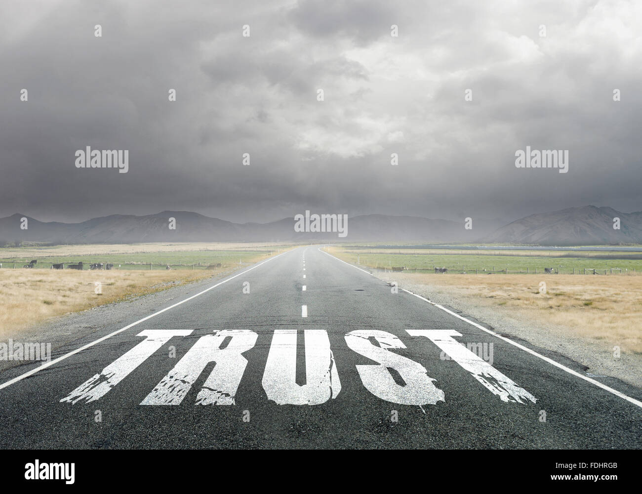 Natural landscape of asphalt road and drawn conceptual word on it Stock ...
