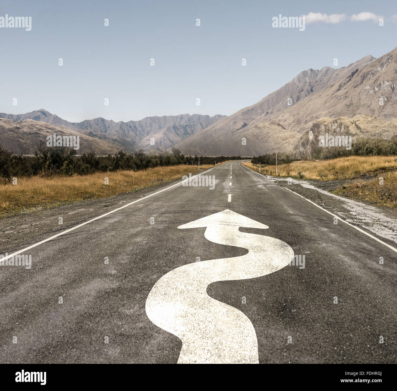 Natural landscape of asphalt road and drawn twisting arrow Stock Photo ...