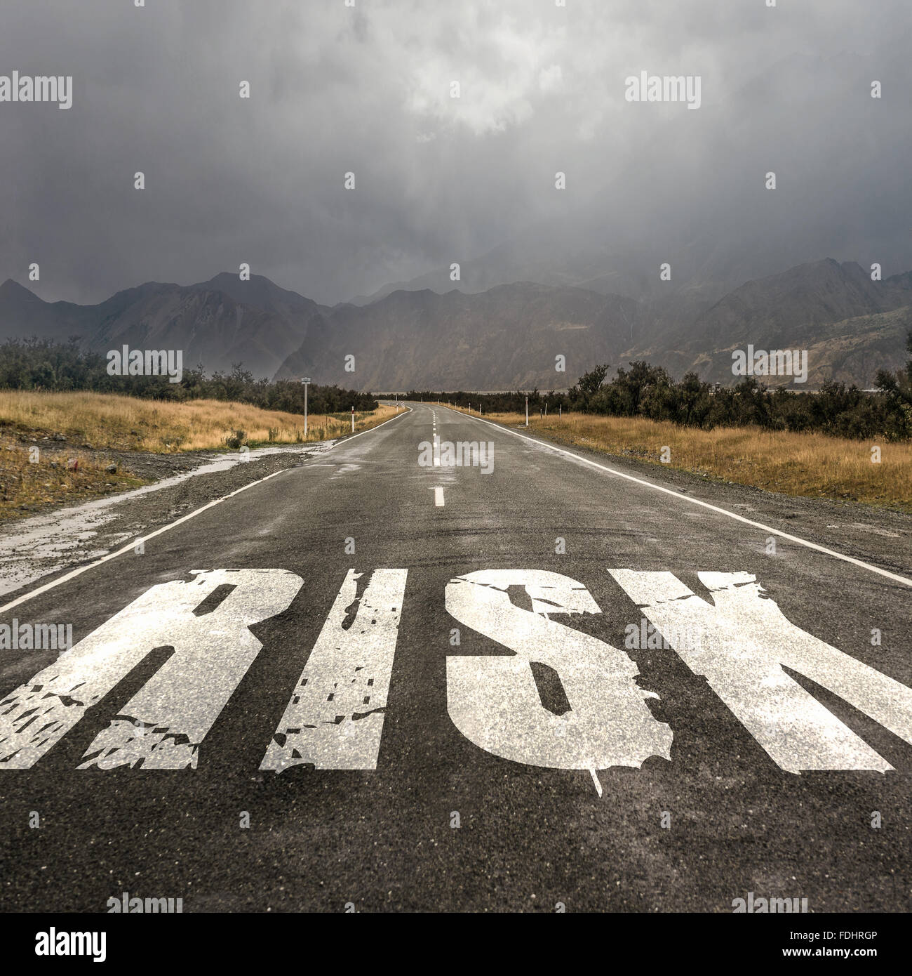 Asphalt road with business conceptual word drawn with white paint Stock ...