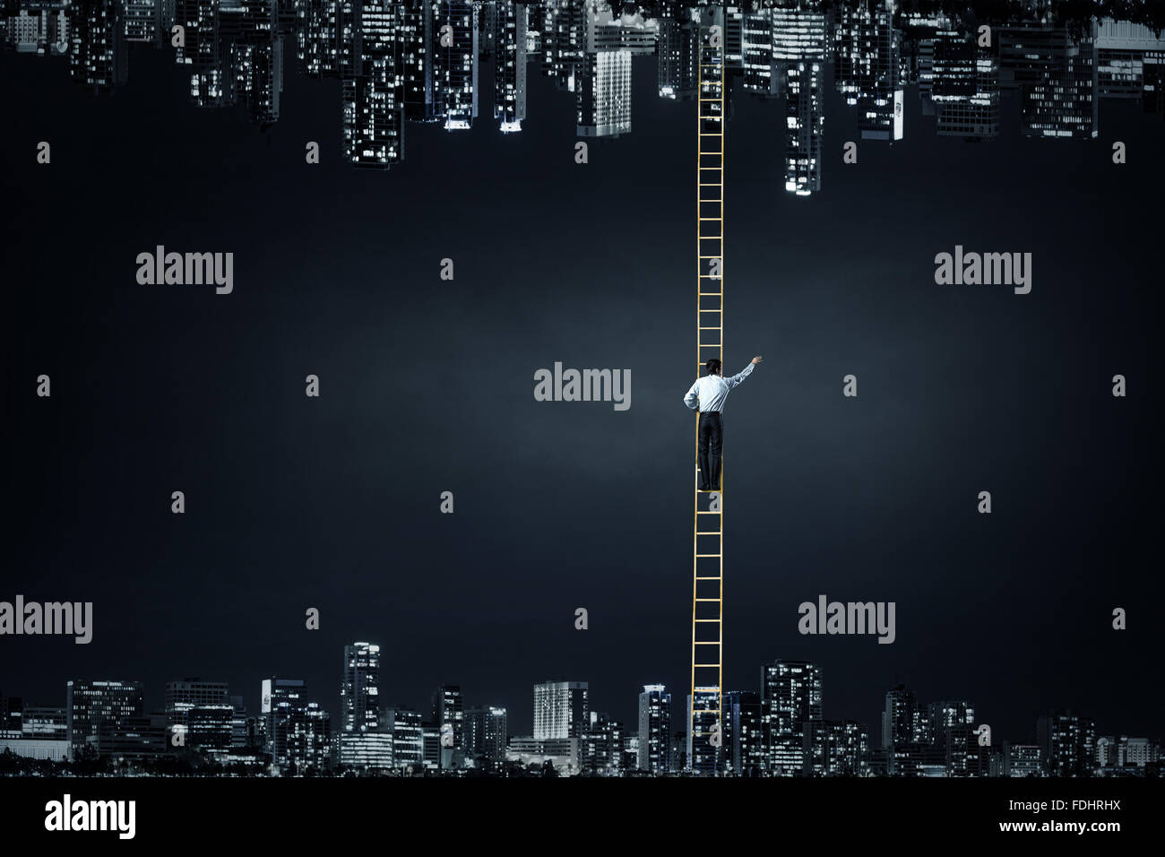 Businessman standing on ladder between two urban realities Stock Photo ...