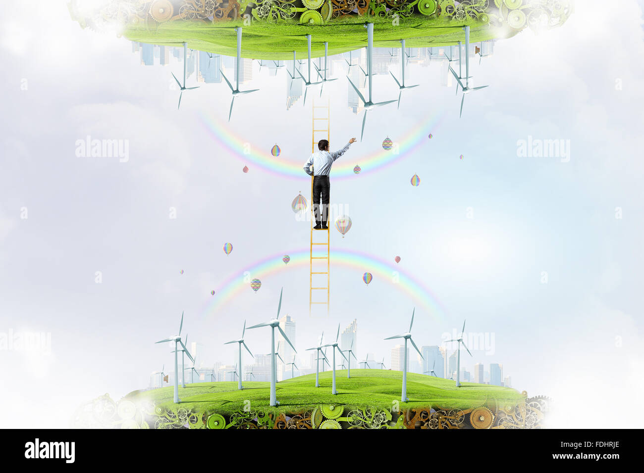 Businessman standing on ladder between two ecological energy realities ...