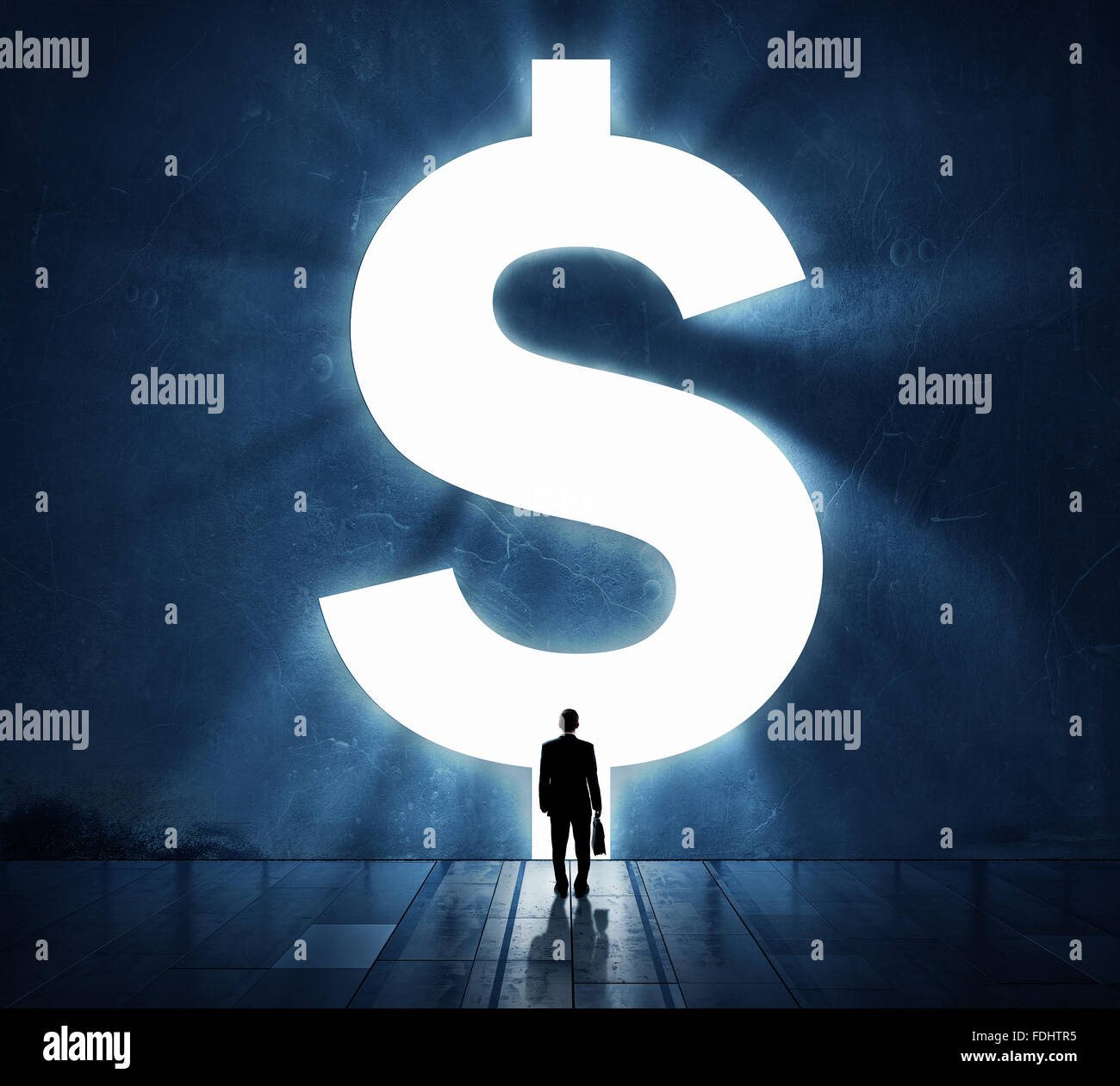 Back view of businessman standing in light of dollar sign Stock Photo ...