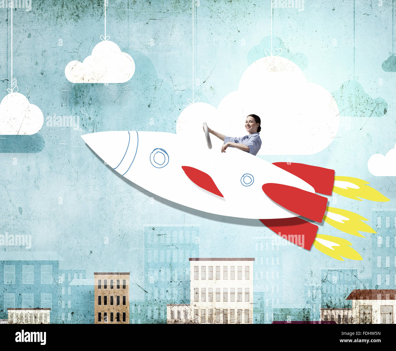 Young happy student girl riding fast drawn rocket Stock Photo - Alamy
