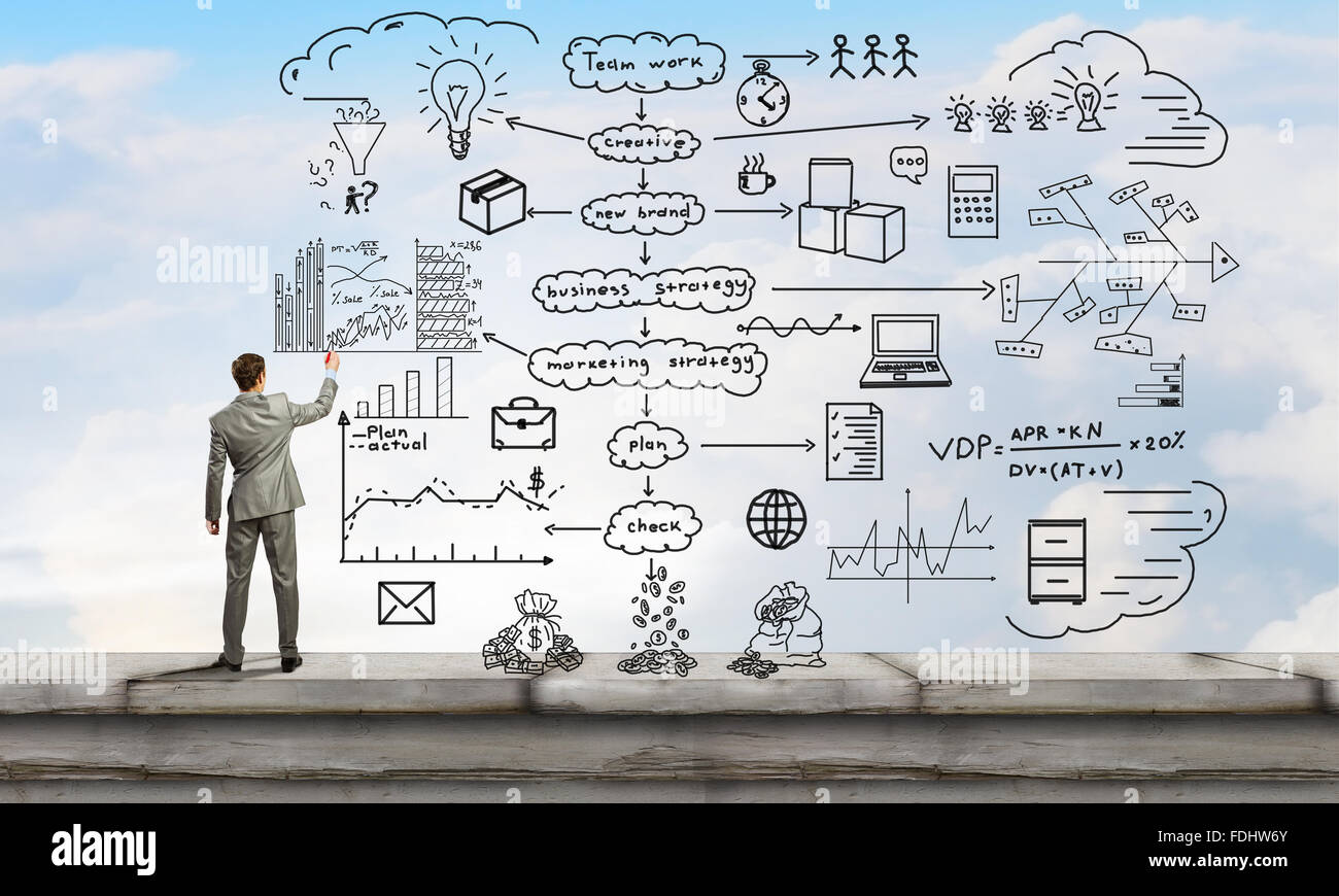 Back view of businessman drawing plan sketches on wall Stock Photo - Alamy