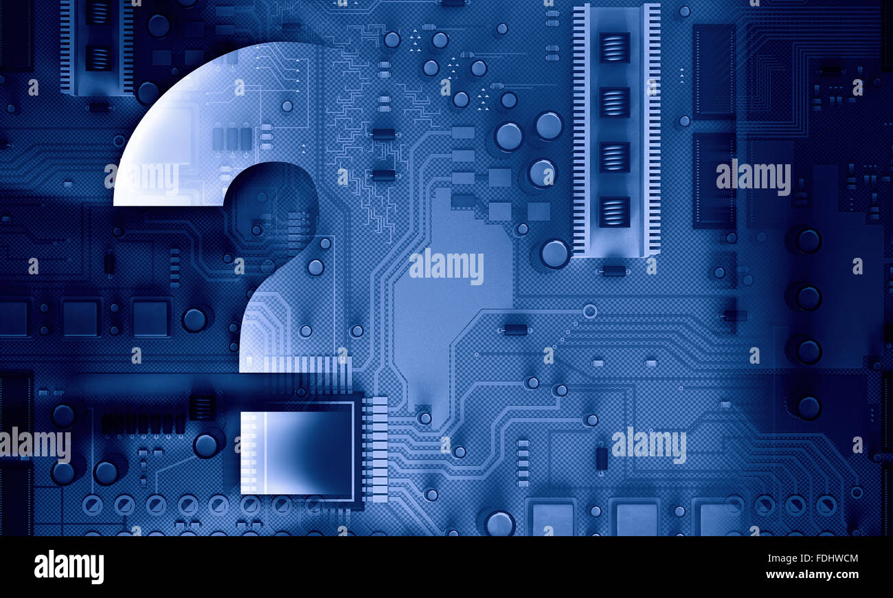 Background image with system motherboard concept and question mark ...