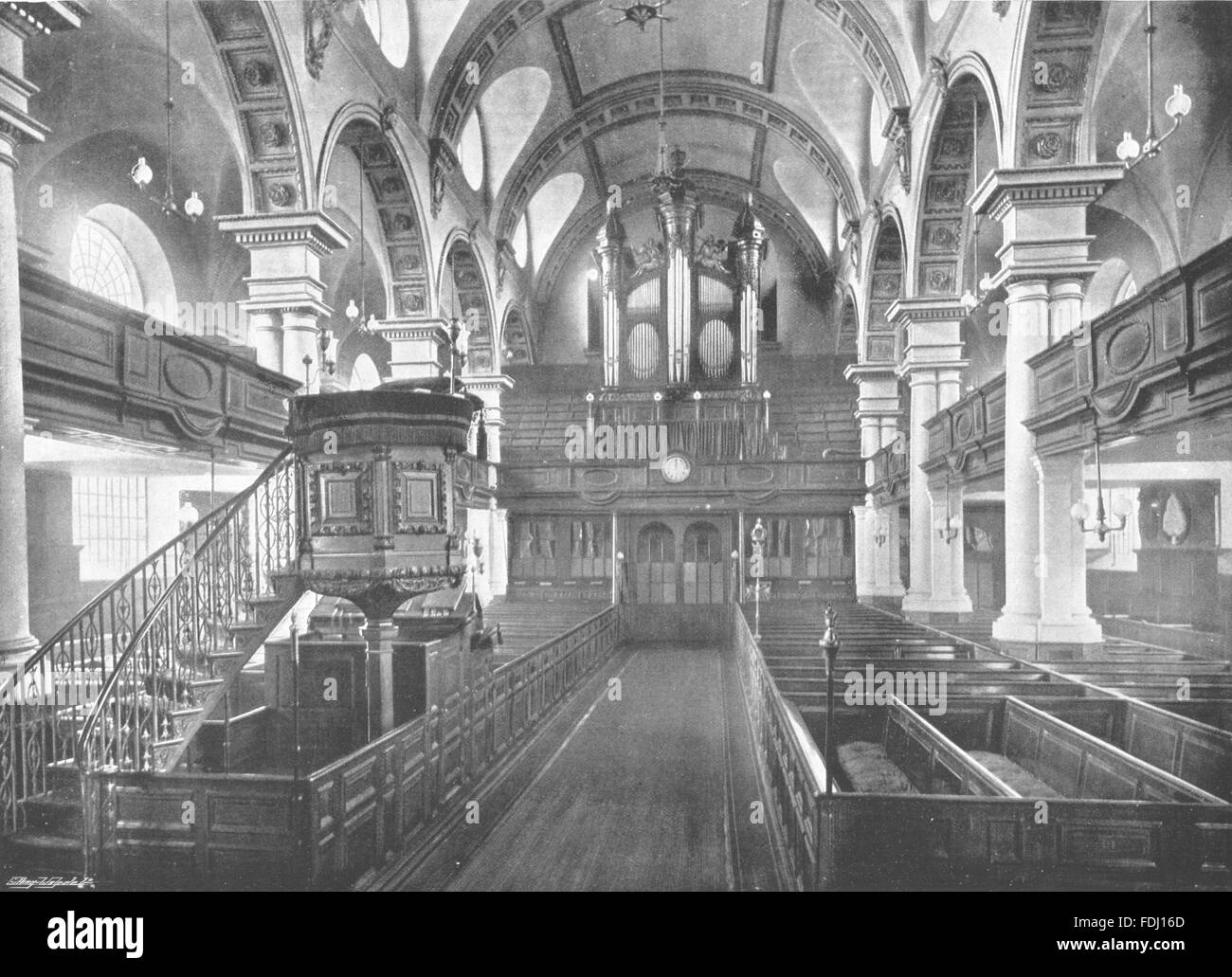 LONDON: St Bride's Church- The Nave, with Pulpit, Organ, etc, old print ...