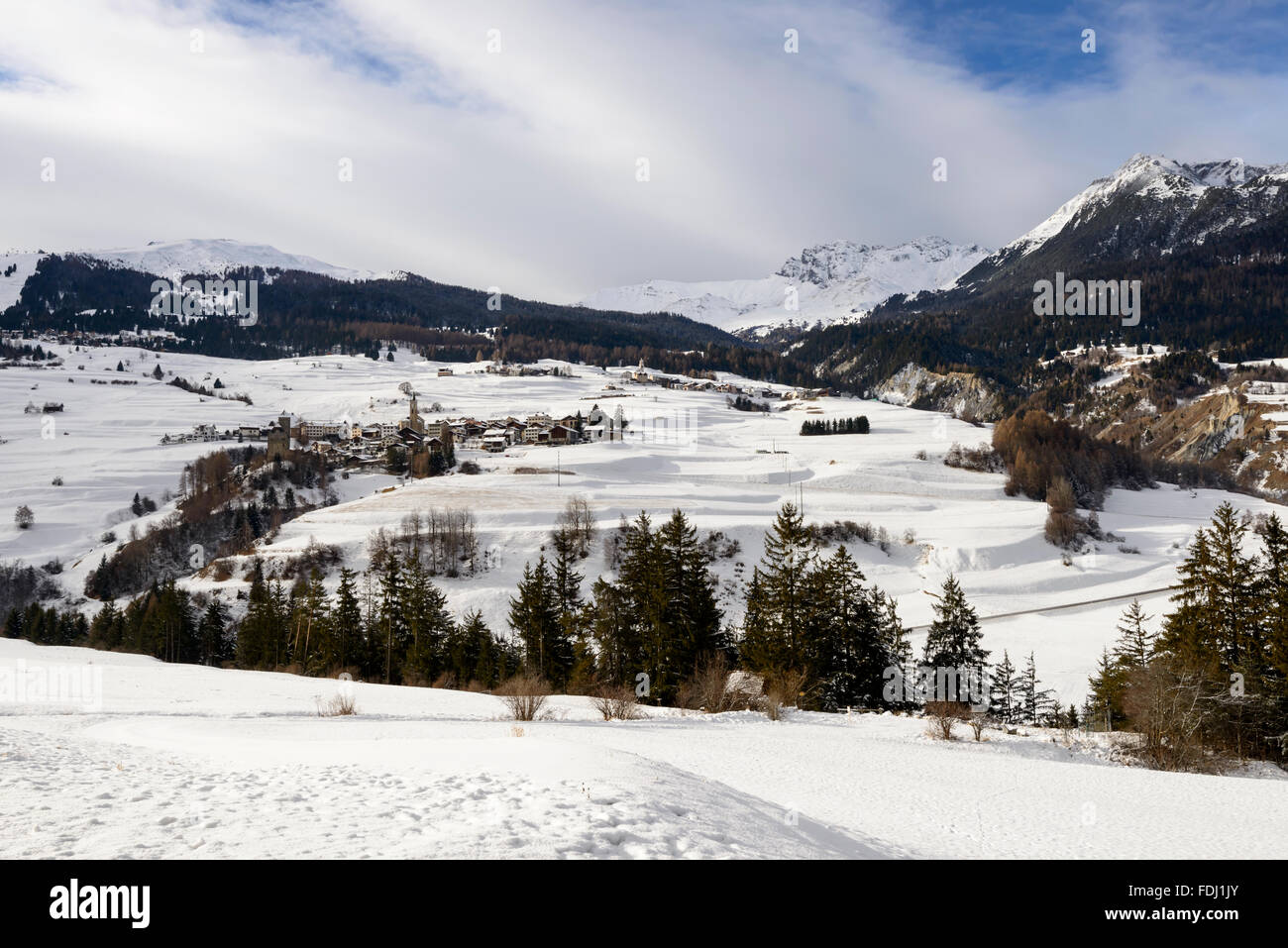 villages in winter landscape on Julier pass road, Switzerland Stock ...