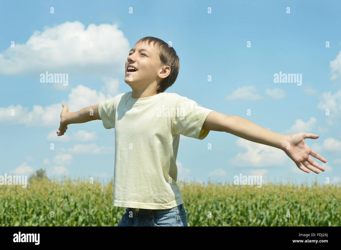 Happy Boy in field Stock Photo - Alamy