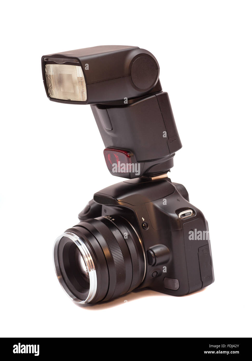 Photo camera and flash isolated on white background Stock Photo - Alamy
