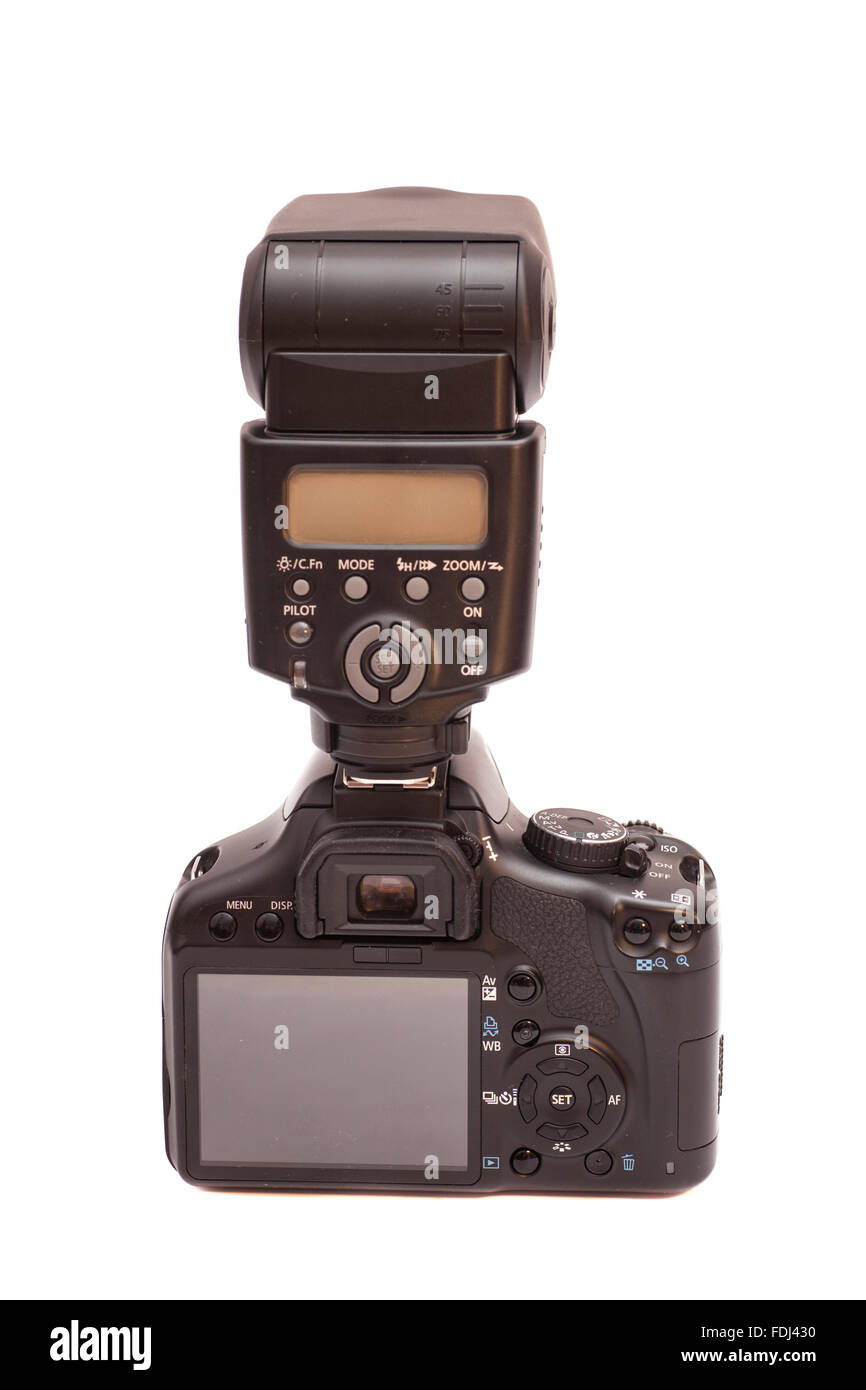 Photo camera and flash isolated on white background Stock Photo - Alamy