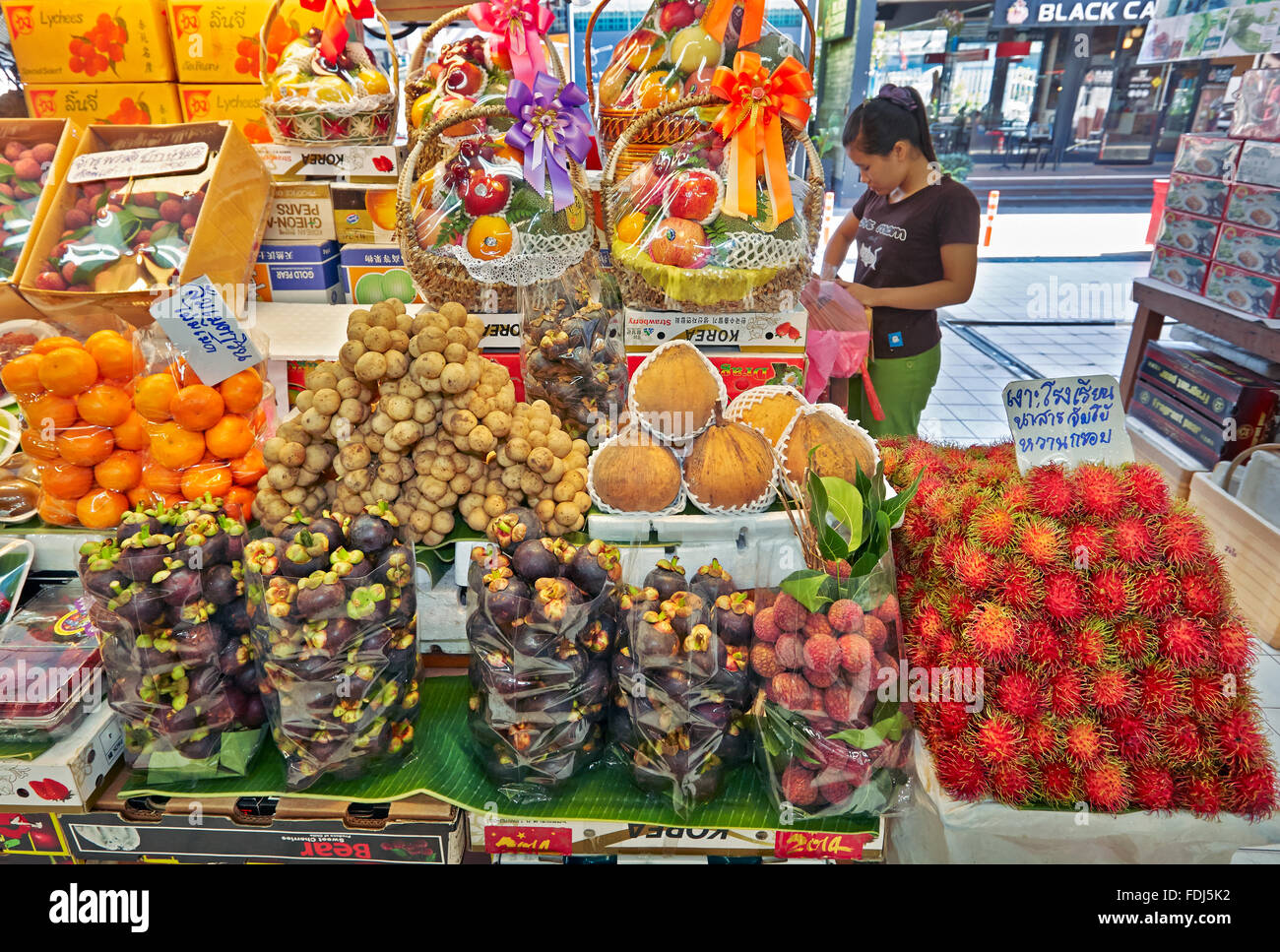 Fruit stall with a selection of fresh tropical fruits. Or Tor Kor (OTK ...