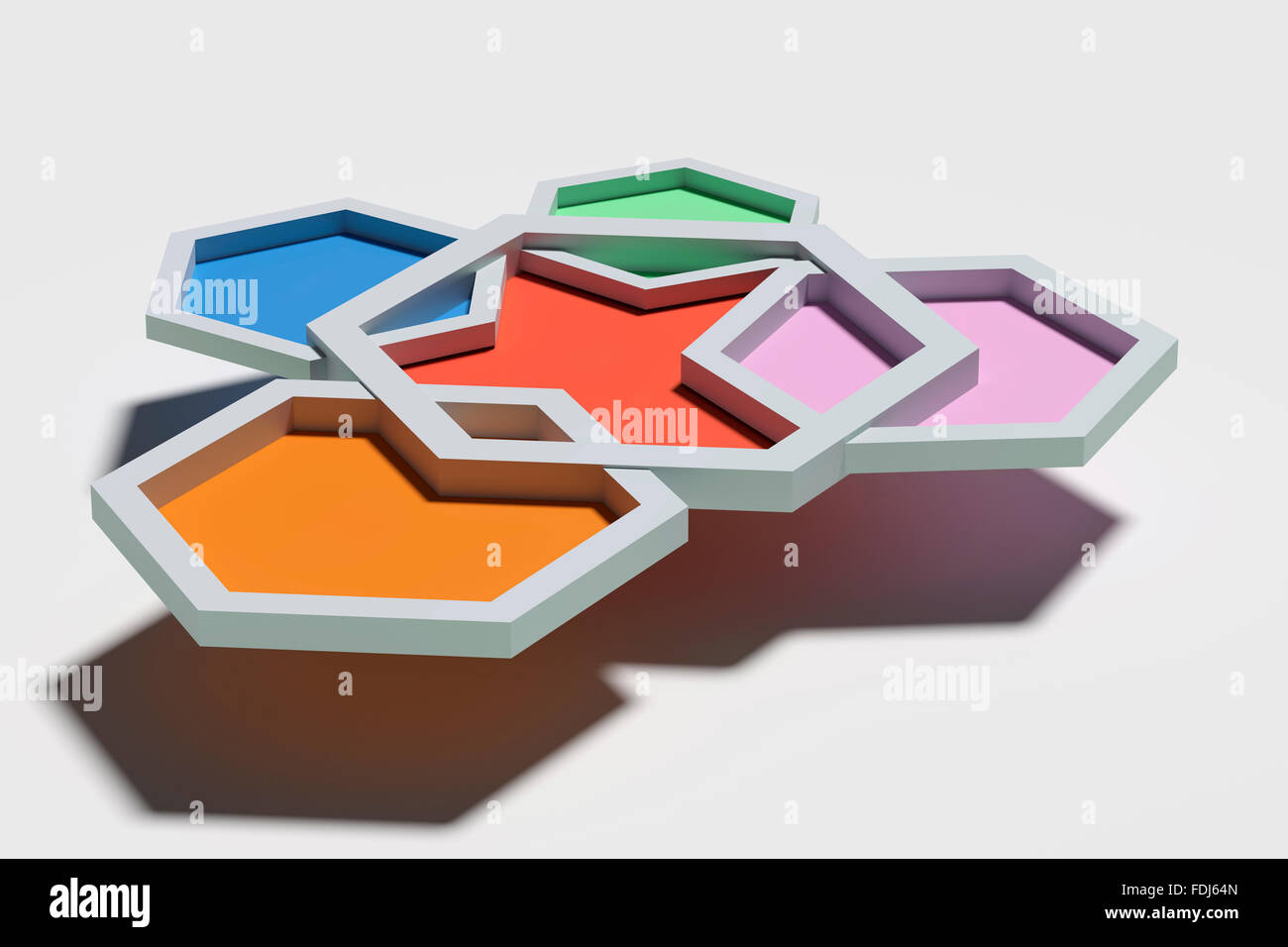 3d rendering of five colorful three-dimensional hexagons from above ...