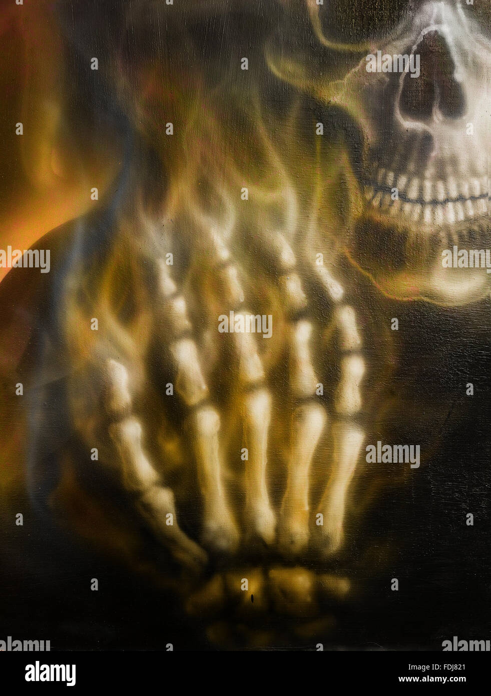 detailed skull and skeleton hand and fire, on black background Stock ...