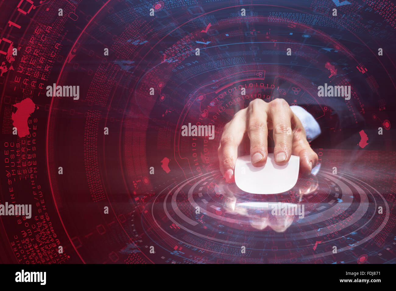 Hand of businessman in suit on dark digital background using wireless ...