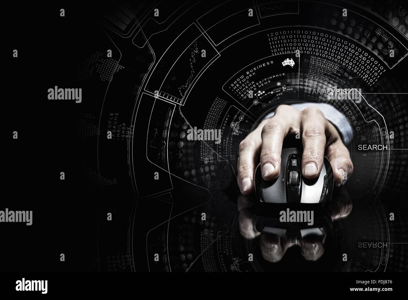 Hand of businessman in suit on dark digital background using wireless ...