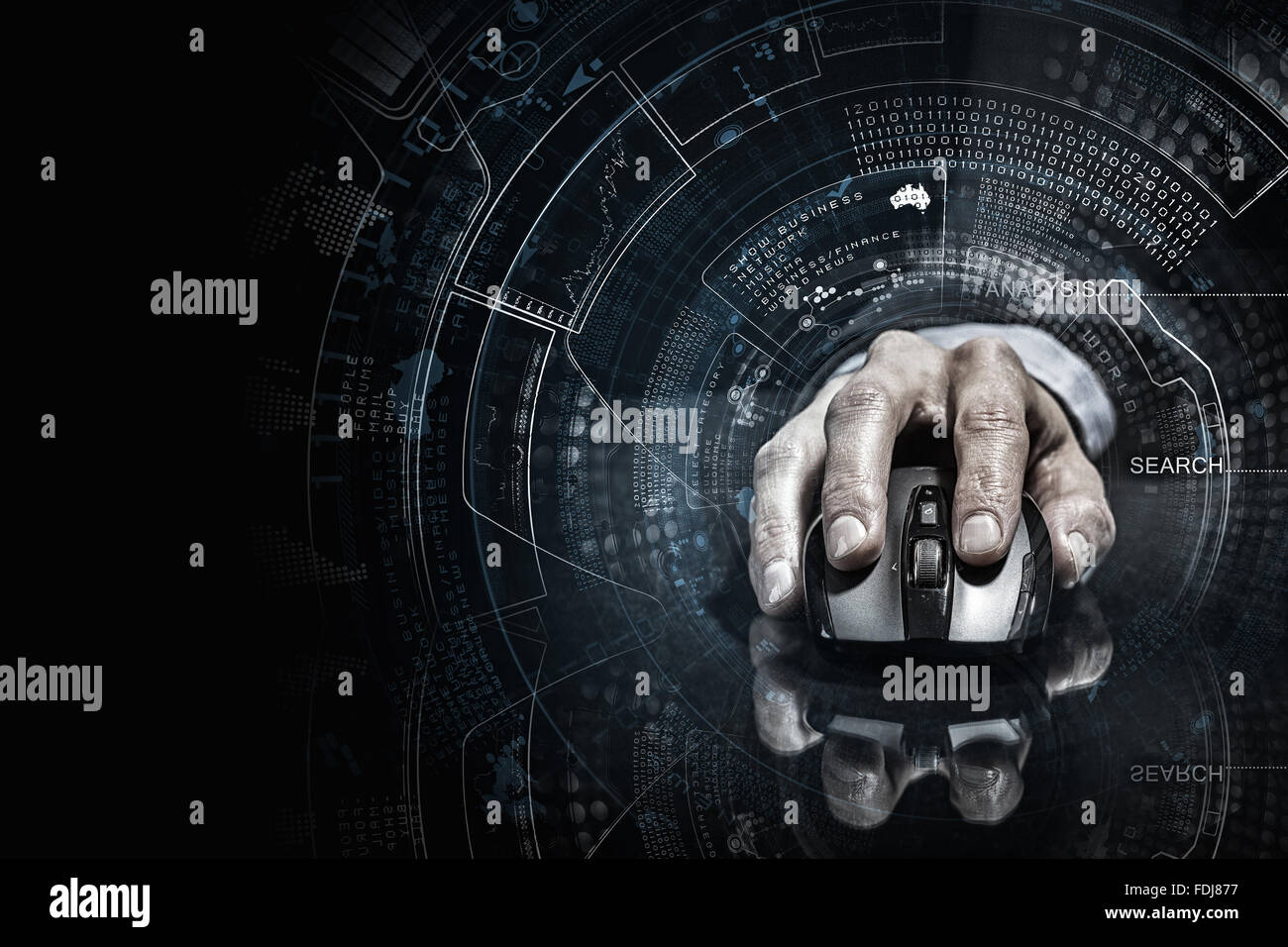 Hand of businessman in suit on dark digital background using wireless ...