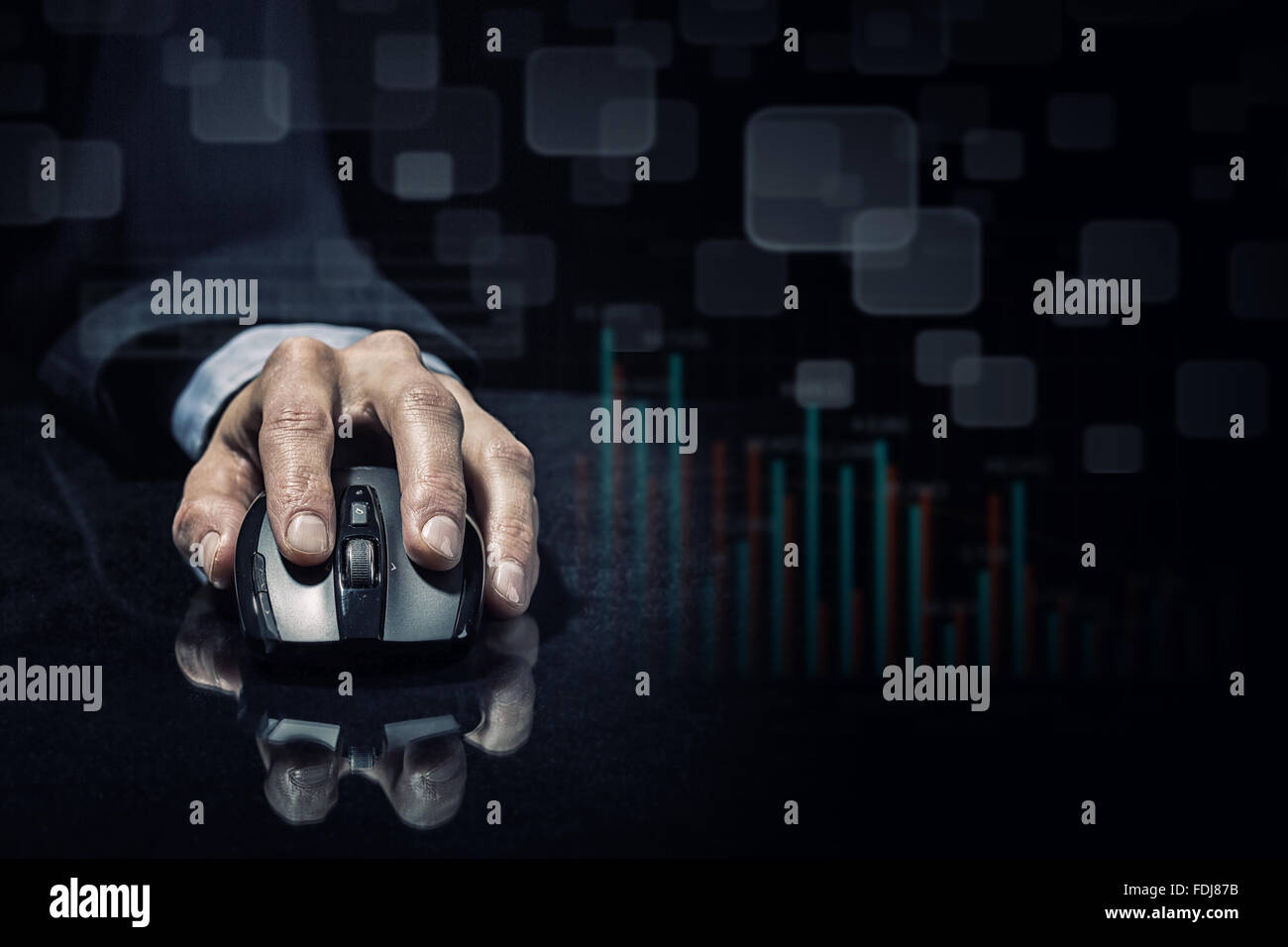 Hand of businessman in suit on dark digital background using wireless ...