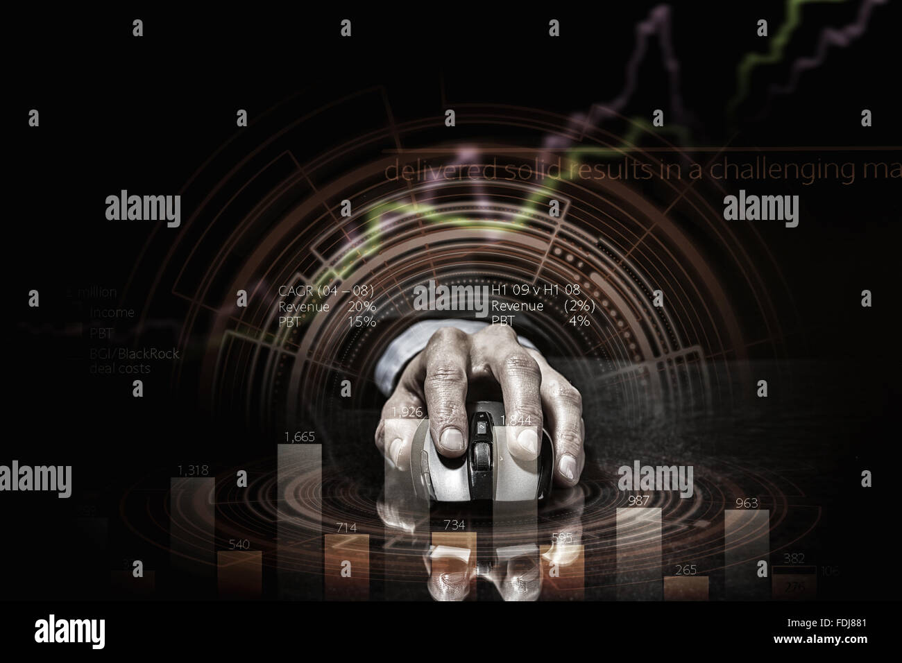 Hand of businessman in suit on dark digital background using wireless ...