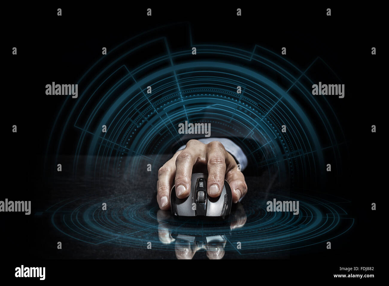 Hand of businessman in suit on dark digital background using wireless ...