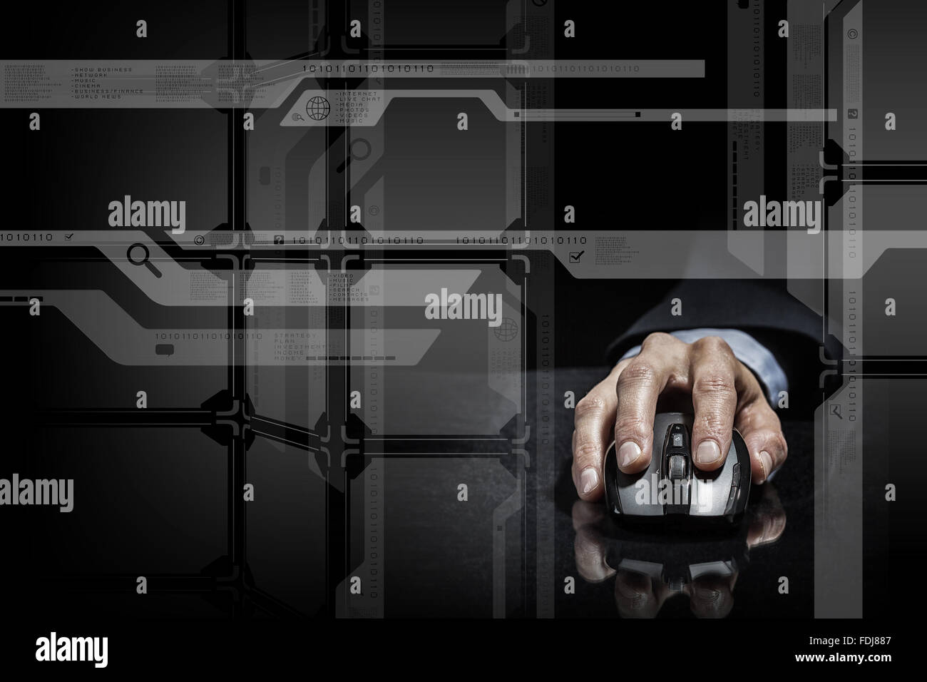 Hand of businessman in suit on dark digital background using wireless ...