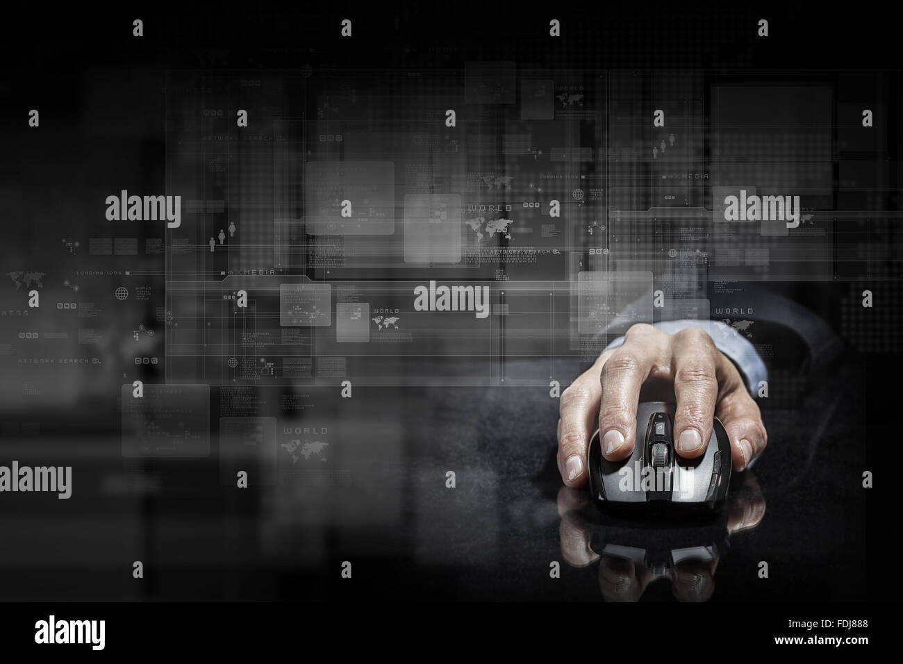 Hand of businessman in suit on dark digital background using wireless ...