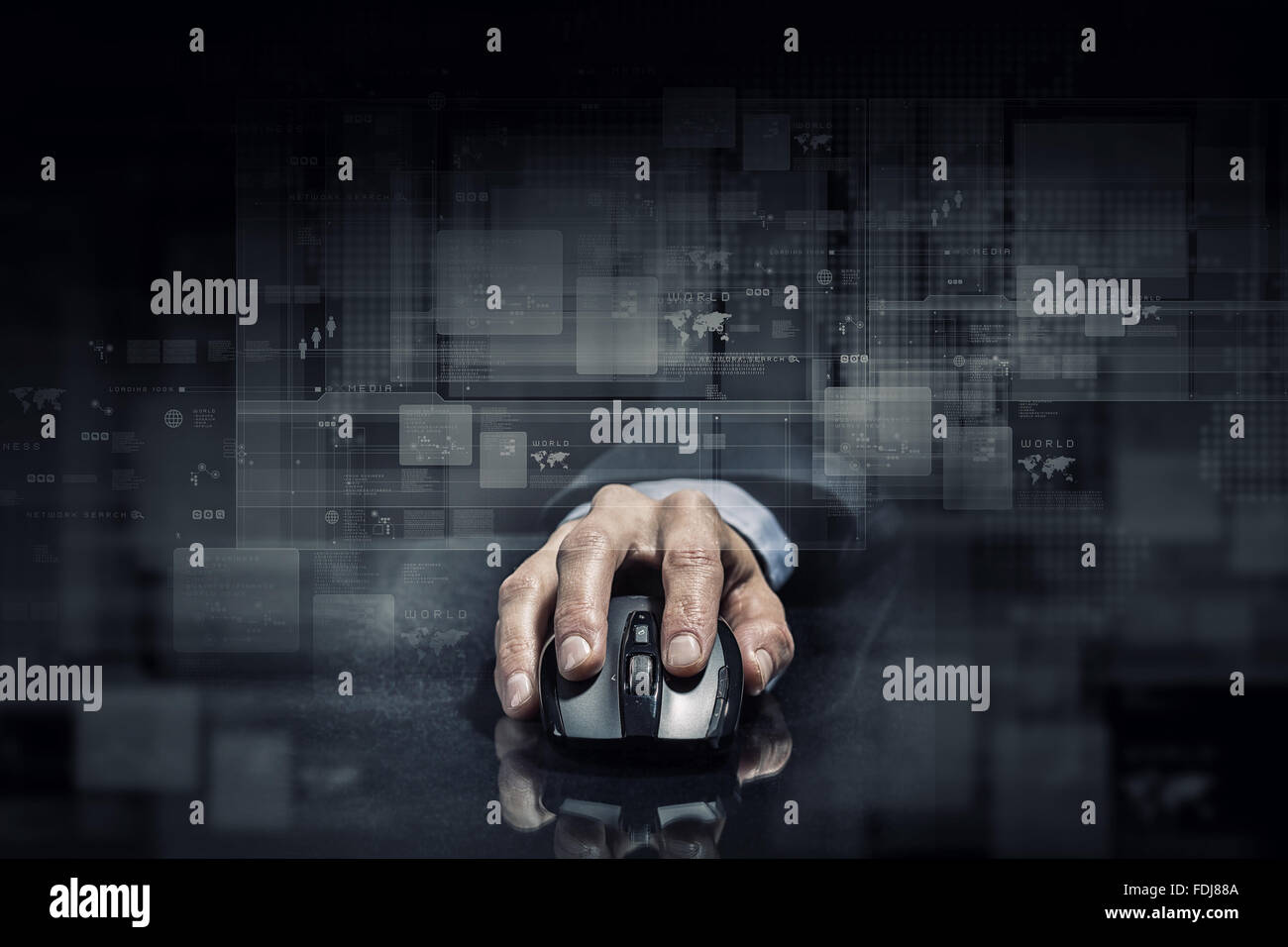 Hand of businessman in suit on dark digital background using wireless ...