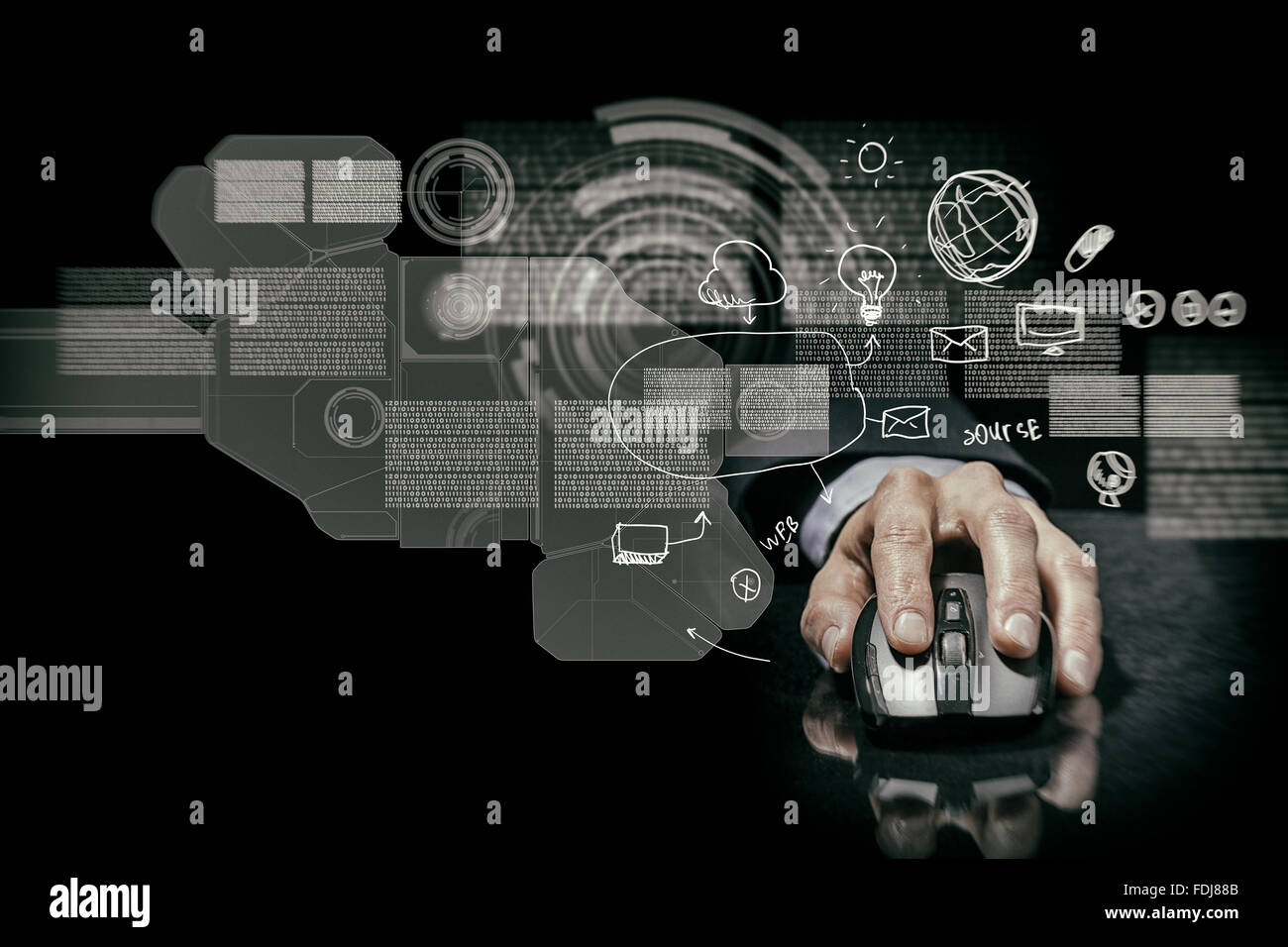 Hand of businessman in suit on dark digital background using wireless ...