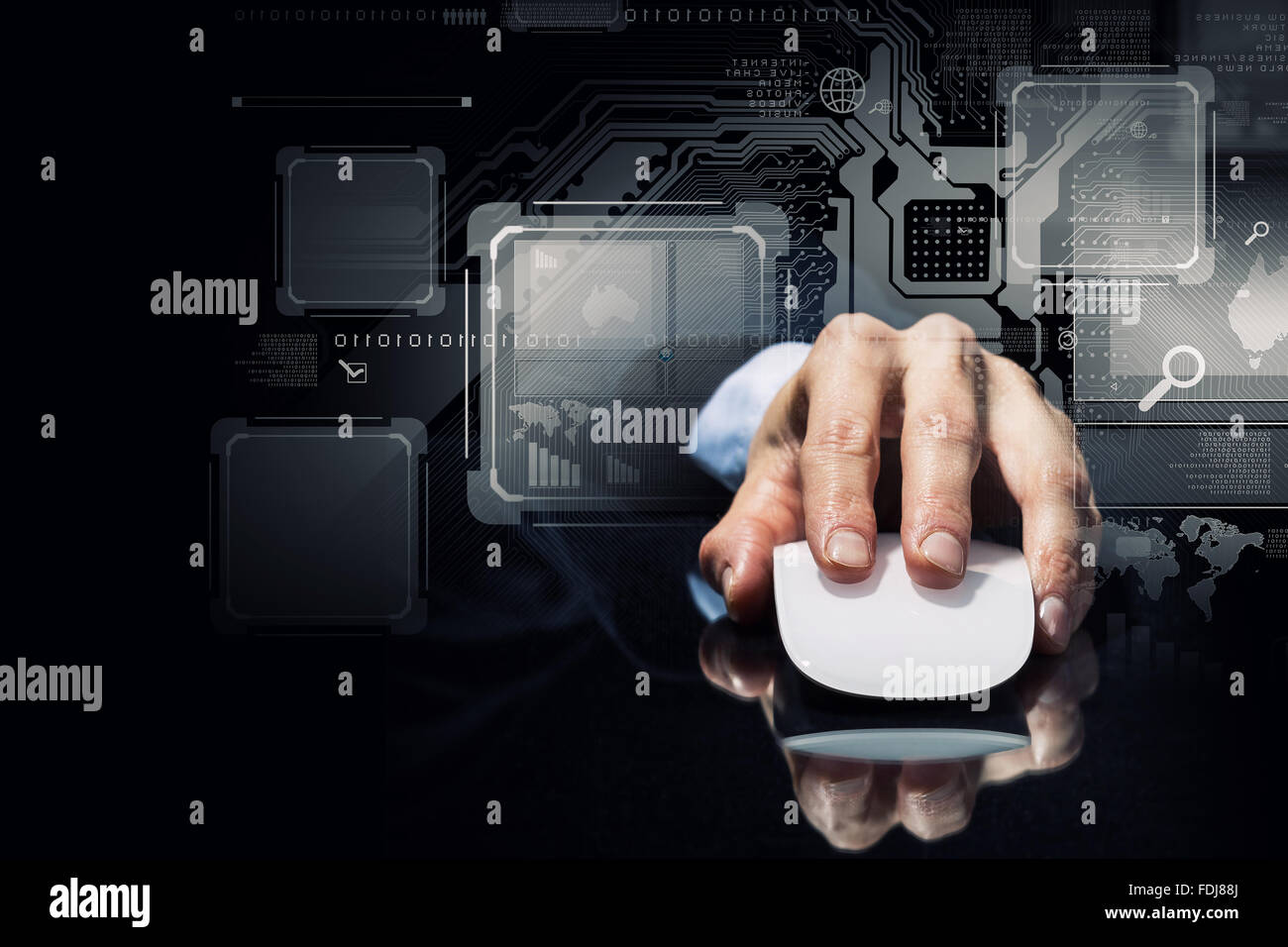 Hand of businessman in suit on dark digital background using wireless ...