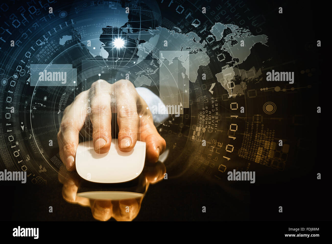Hand of businessman in suit on dark digital background using wireless ...