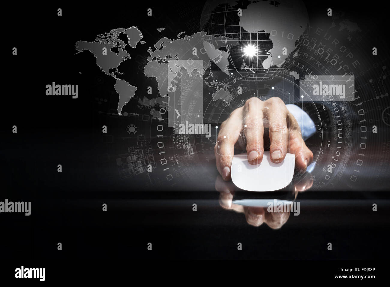 Hand of businessman in suit on dark digital background using wireless ...