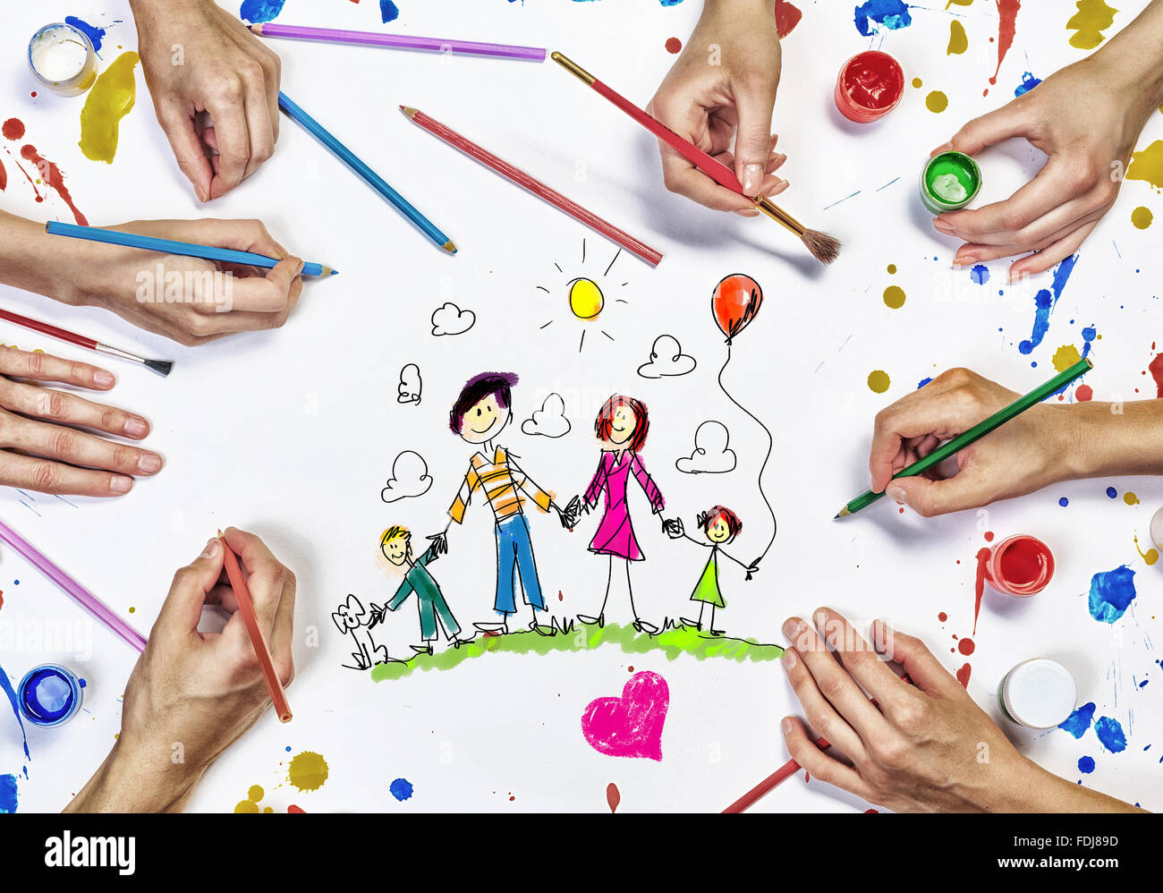 People hands draw and paint happy family concept hi-res stock ...