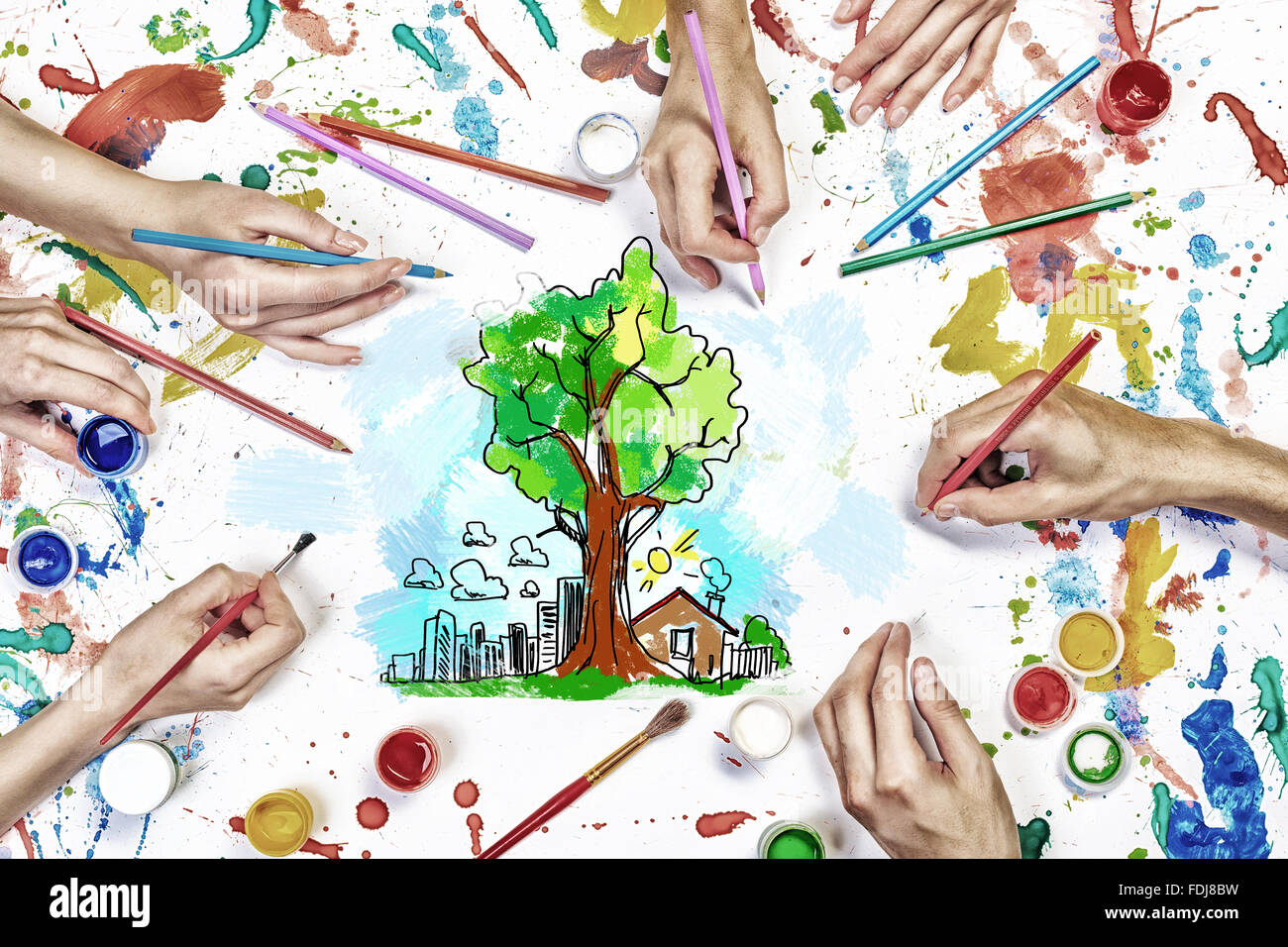 Top view of hands drawing eco green life concept Stock Photo - Alamy