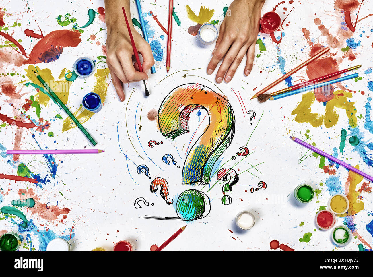 Top view of hands drawing question mark concept Stock Photo - Alamy