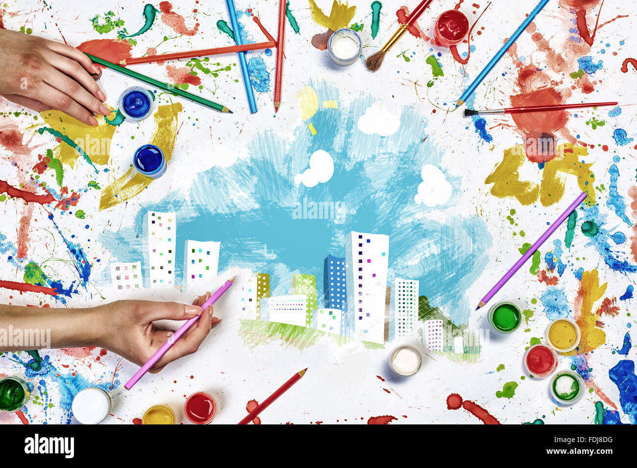Top view of people hands drawing urban concept with paints Stock Photo ...