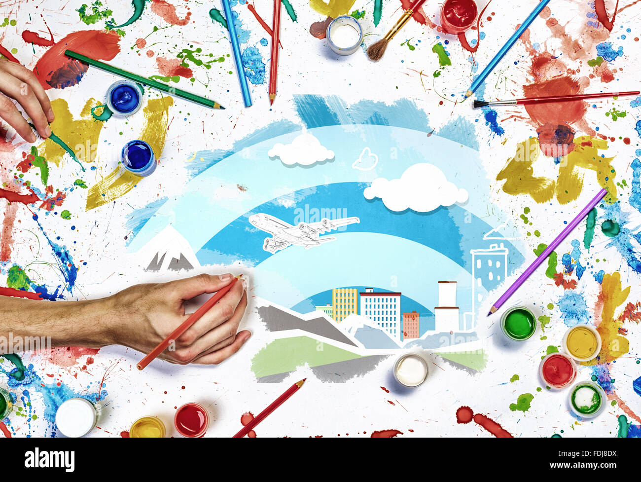 Top view of people hands drawing urban concept with paints Stock Photo ...