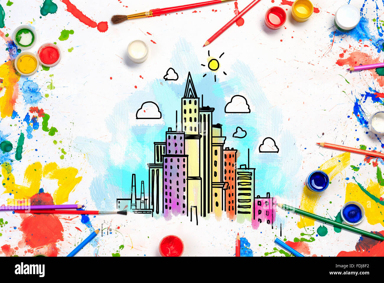Colorful sketch of construction project on white paper Stock Photo - Alamy