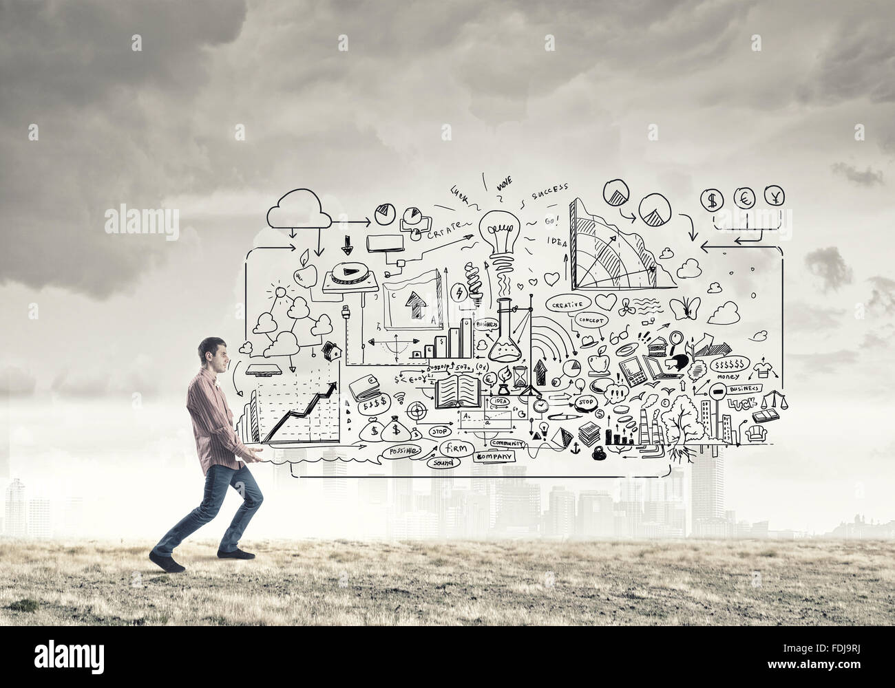 Young man carrying banner with his great business plan Stock Photo - Alamy