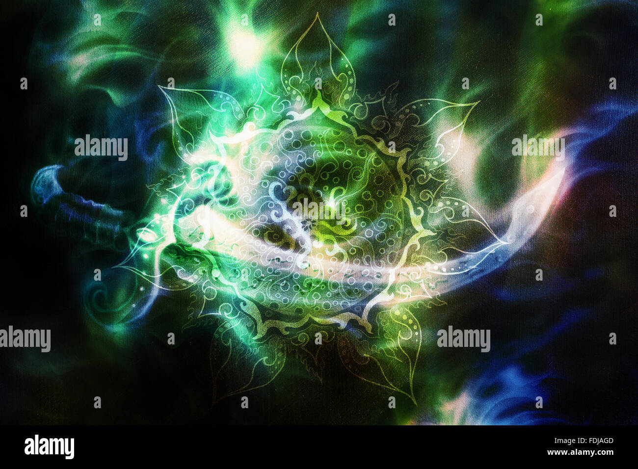 Ornamental Sword in fire and ornamental mandala, Original painting and ...