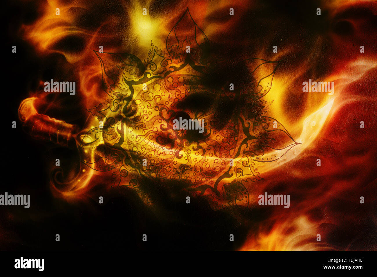 Ornamental Sword in fire and ornamental mandala, Original painting and ...