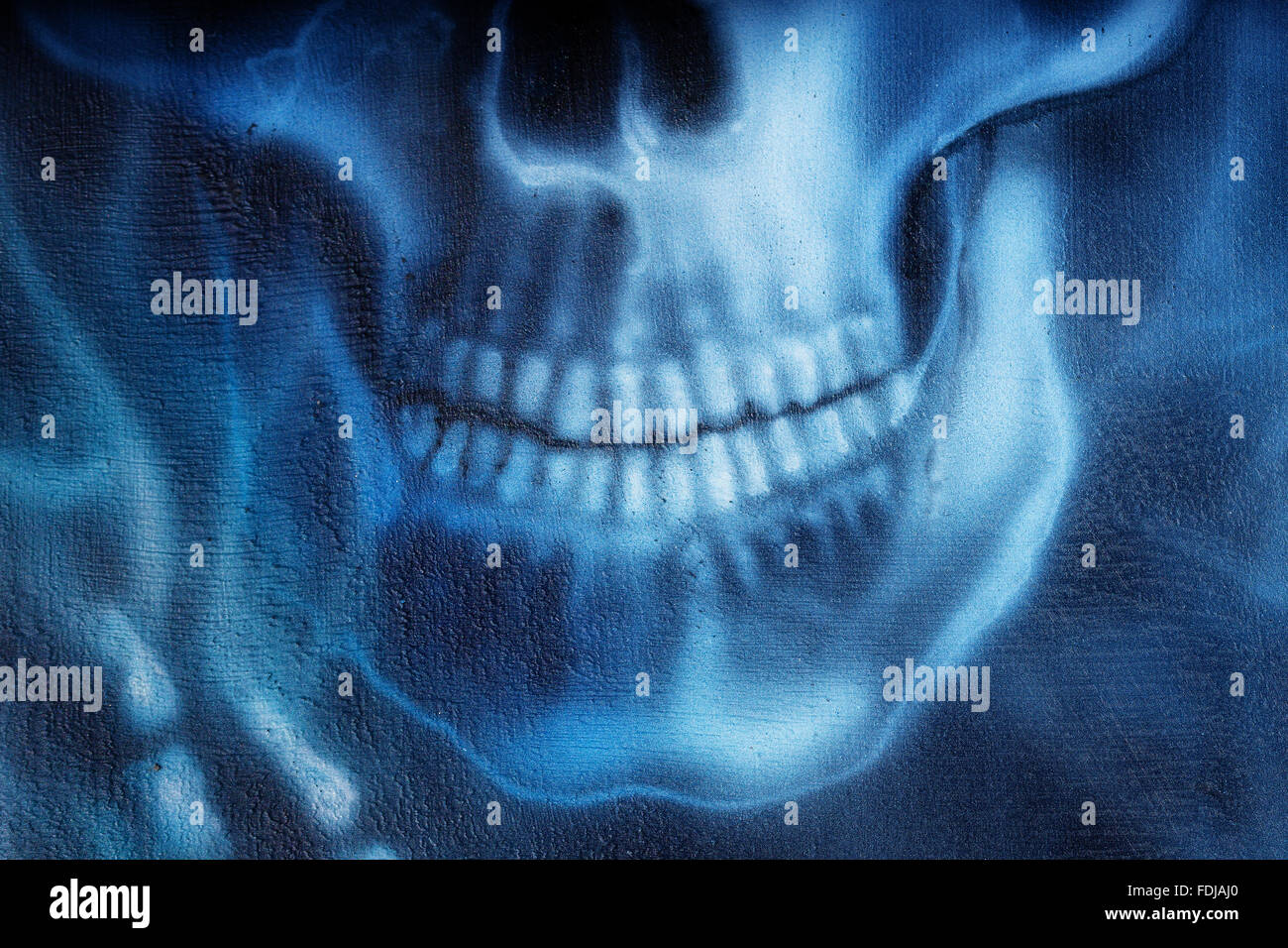 detailed skull and skeleton hand and blue fire, on black background ...