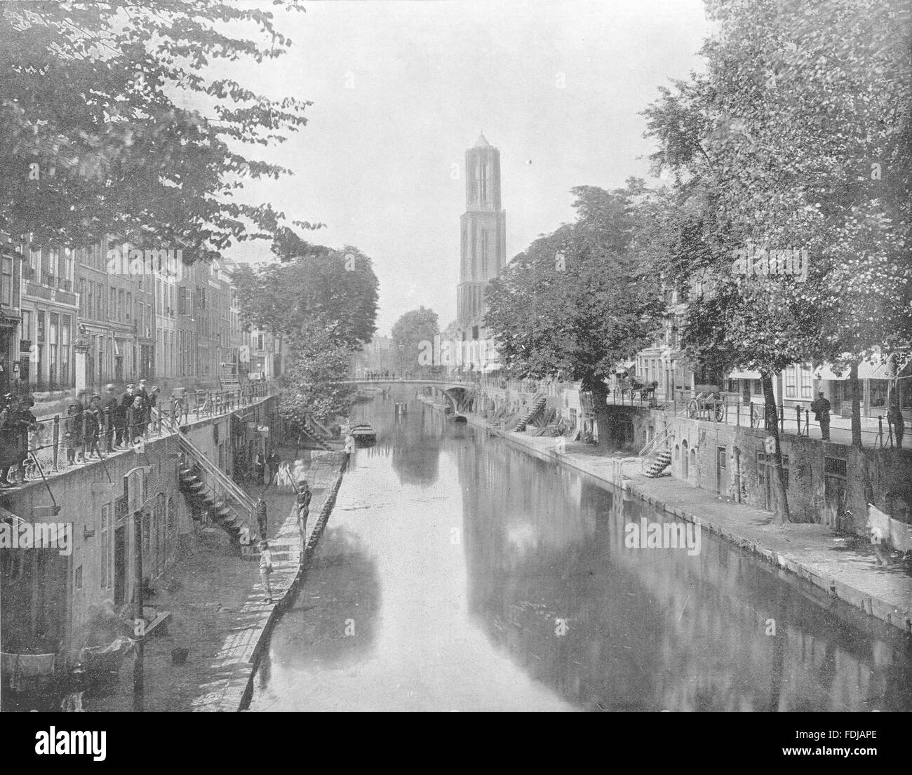 NETHERLANDS: Utrecht- A Typical Old canals: Clock Tower, antique print ...