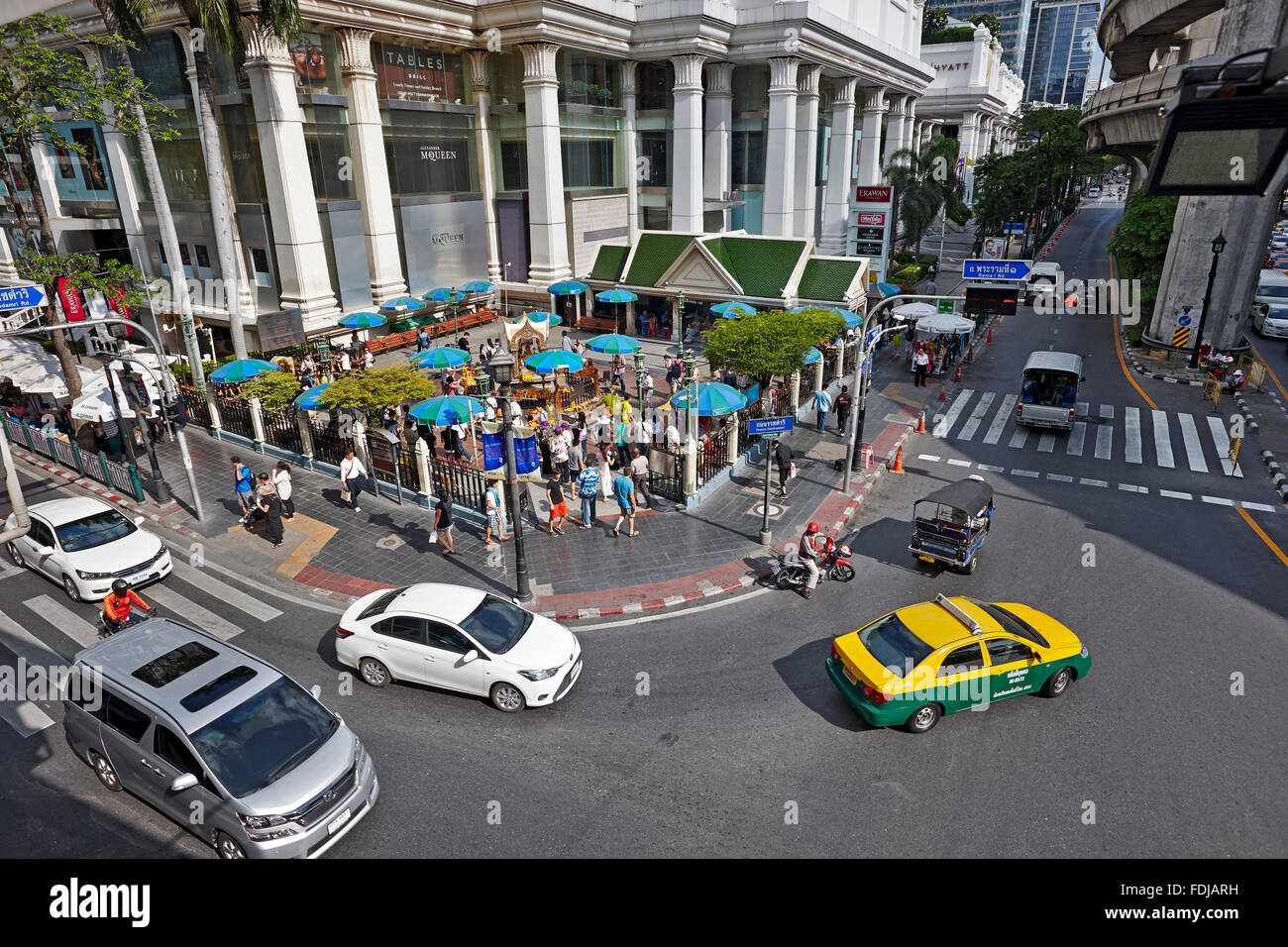 Elevated view of Erawan Shrine and the Ratchaprasong Junction in ...