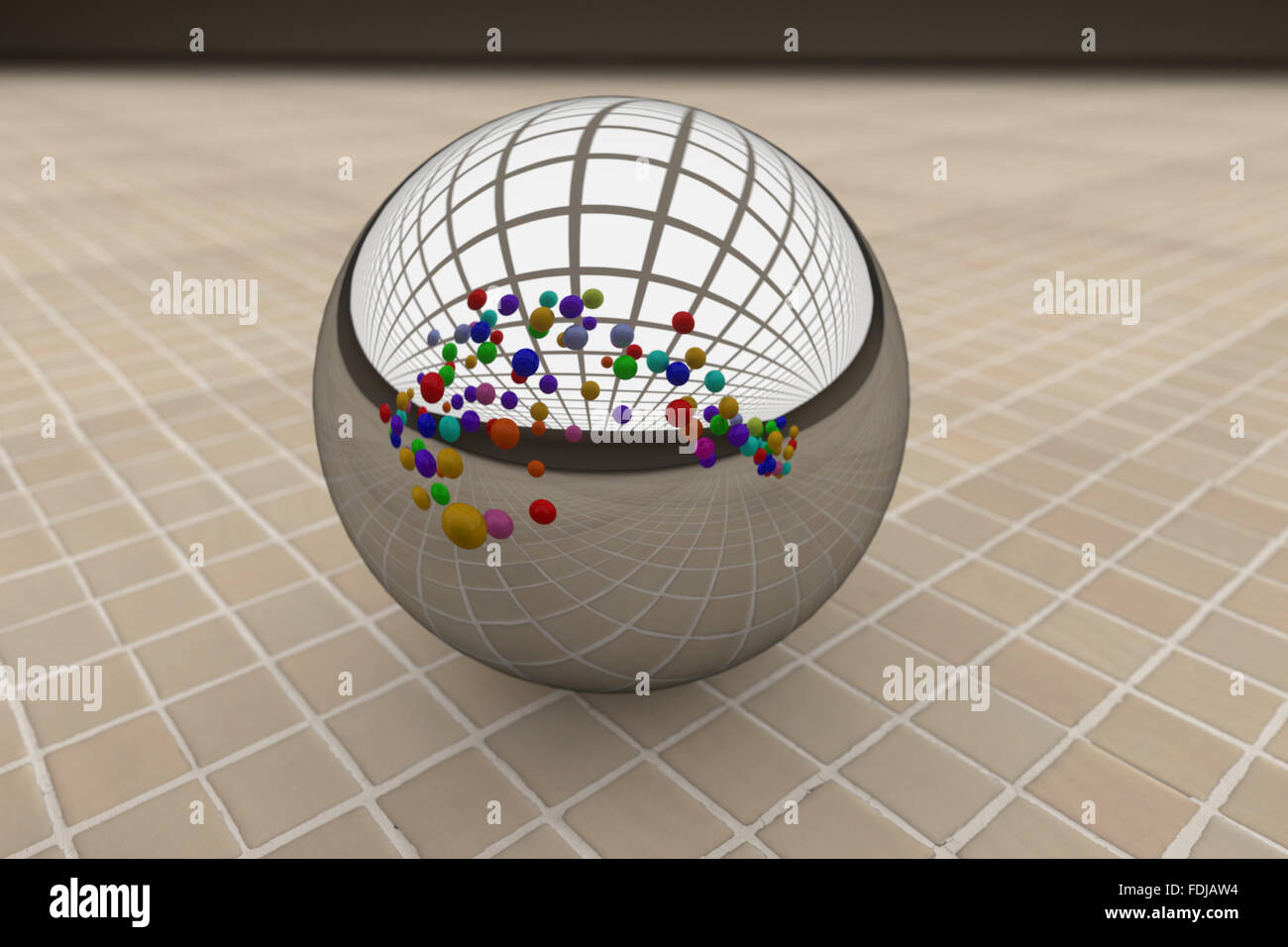 3d rendering of a cose-up of steel ball reflecting many colorful balls ...